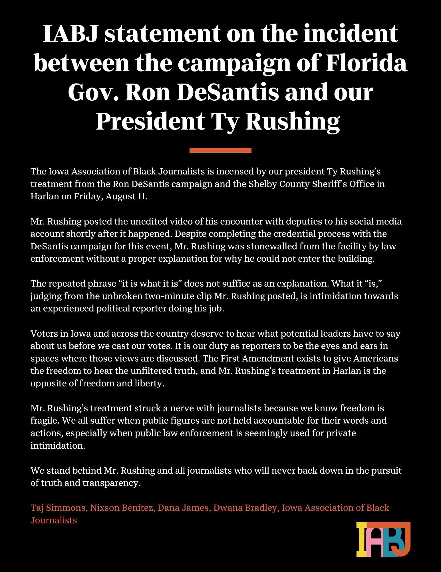 Statement by the Iowa Association of Black Journalists: Ty Rushing and the DeSantis campaign ...